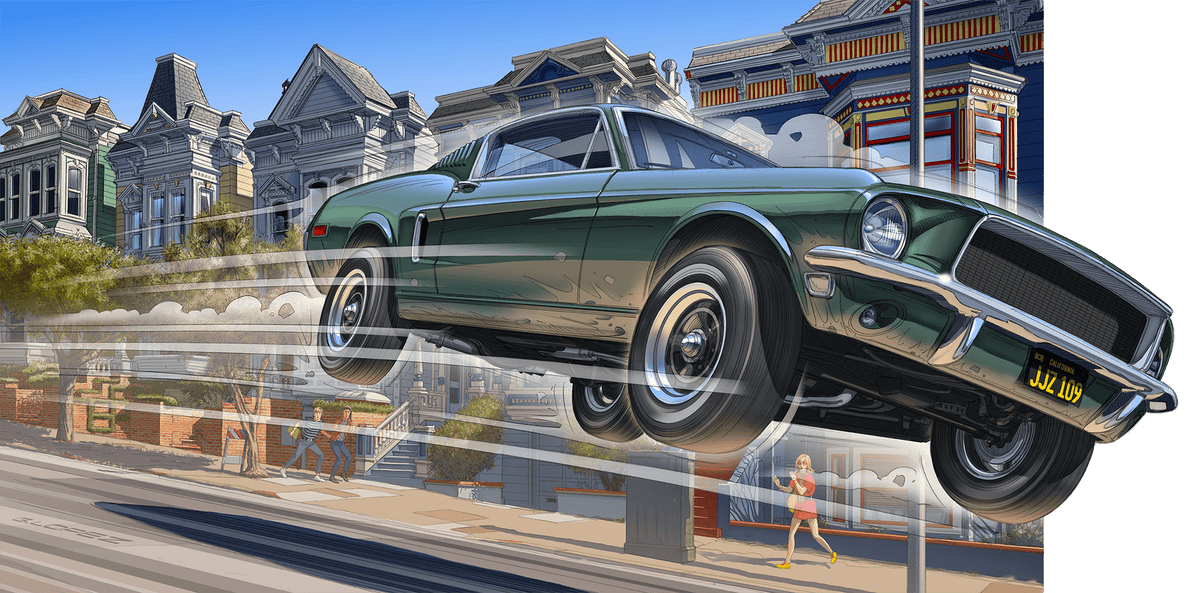 Dessin MUSTANG Bullitt San Francisco Jump - Découpé – Guillaume Lopez ...